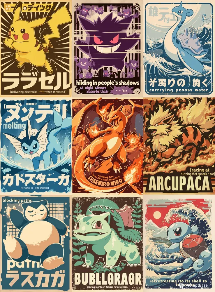 Vintage Pokemon Posters Midjourney Prompt | PromptBase