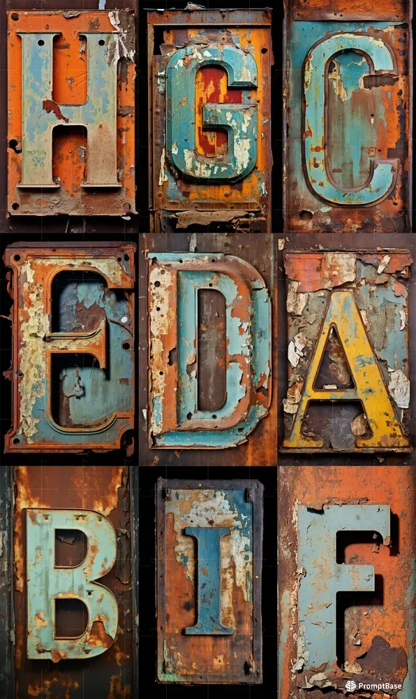 Old Rusty Metal English Alphabets Midjourney Prompt | PromptBase