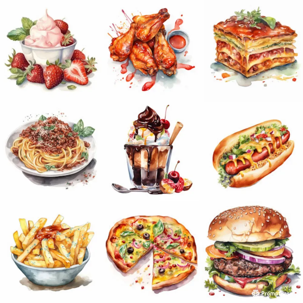 Fast Food Watercolor Clip Art Midjourney Prompt | PromptBase
