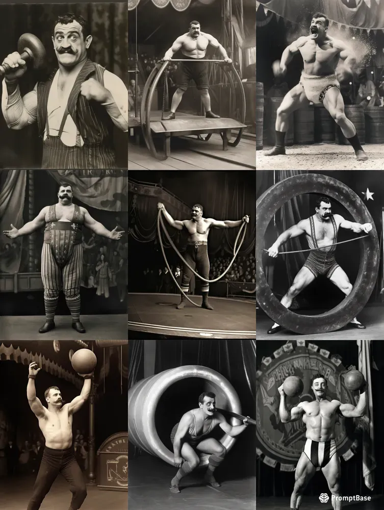 Vintage Strongmen Circus Bodybuilders Midjourney Prompt | PromptBase
