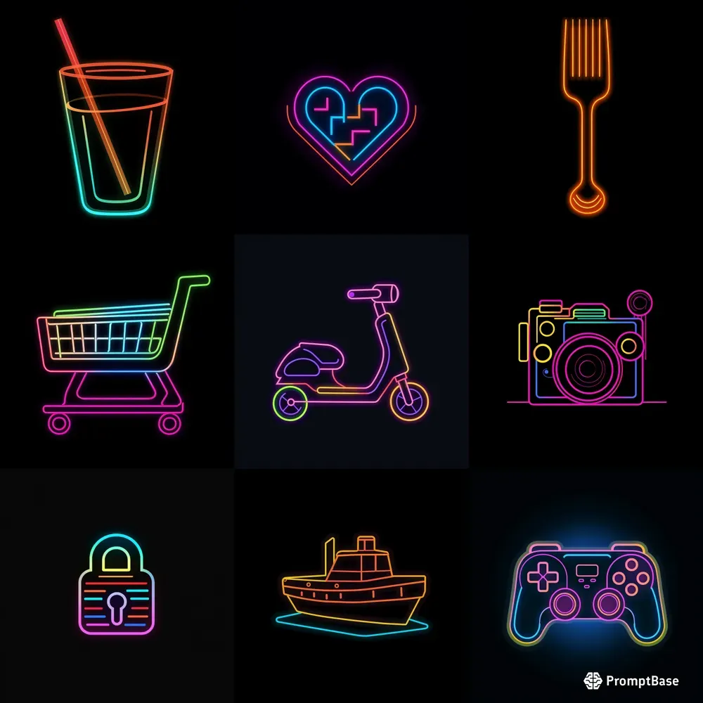 Neon 2D Icons Midjourney Prompt | PromptBase