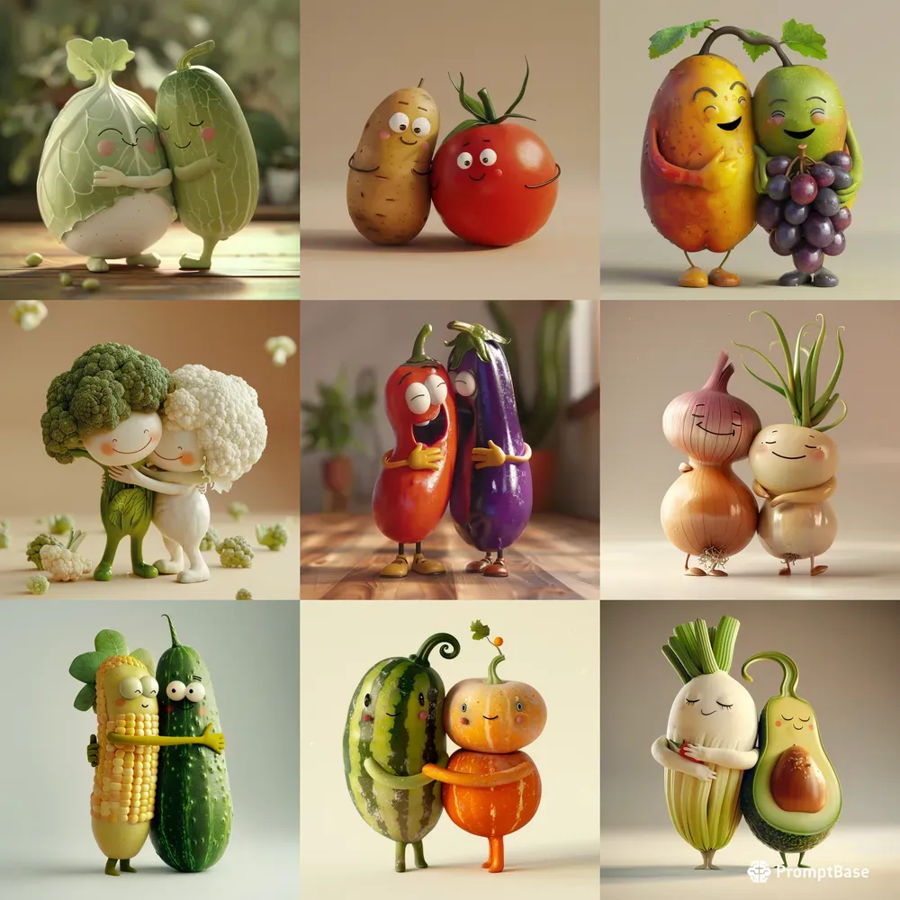 Cute Veggie Couples Characters In Love Midjourney Prompt | PromptBase