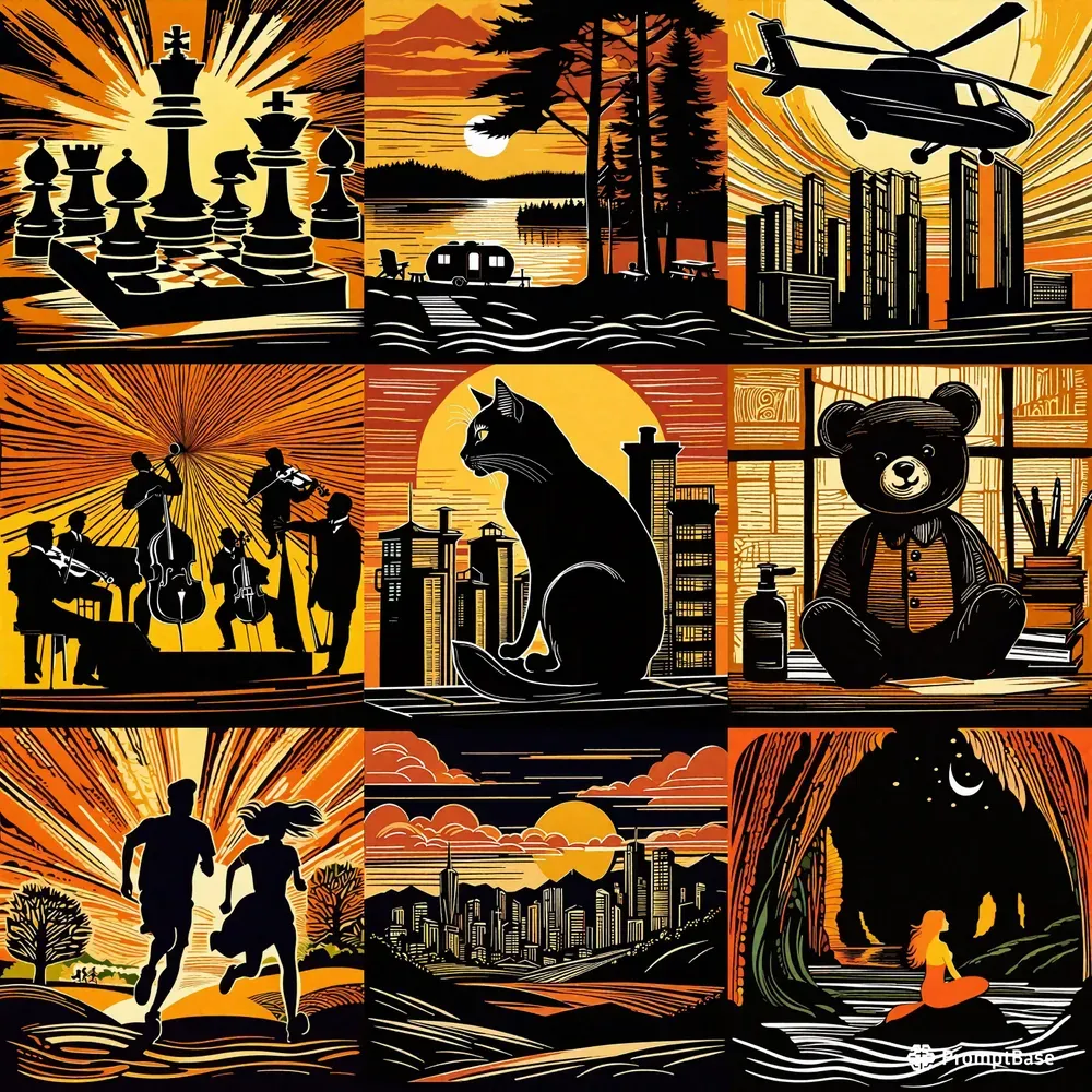 Linocut Printmaking Silhouettes Stable Diffusion Prompt | PromptBase