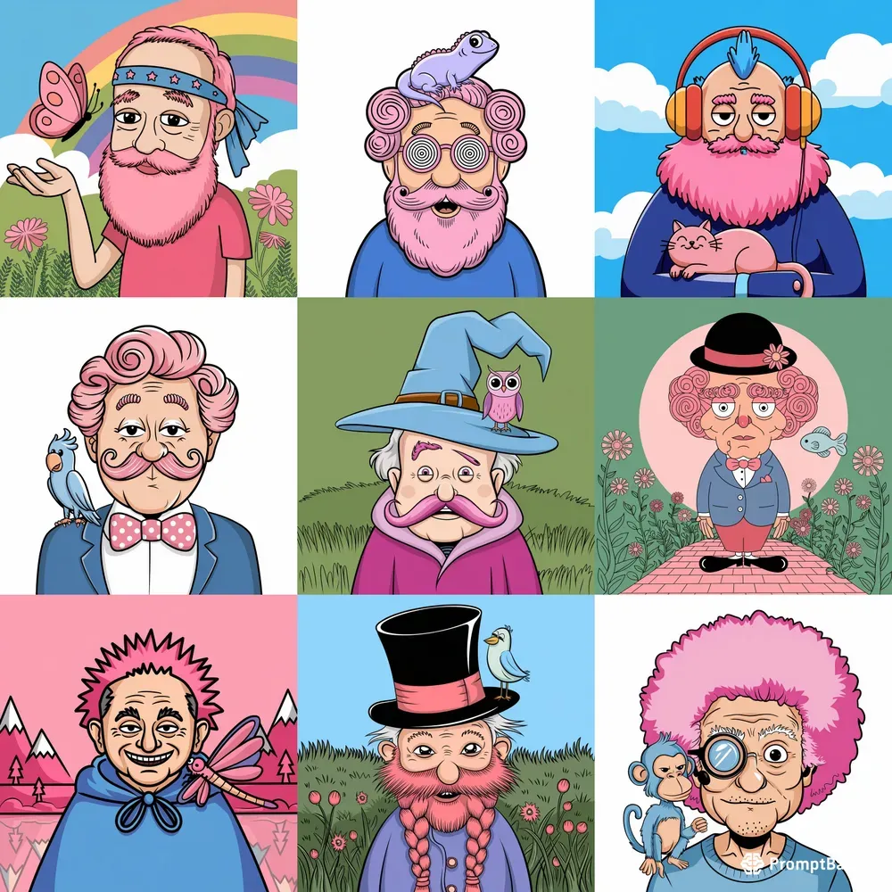 Charming Elderly Cartoon Characters Ideogram Prompt | PromptBase