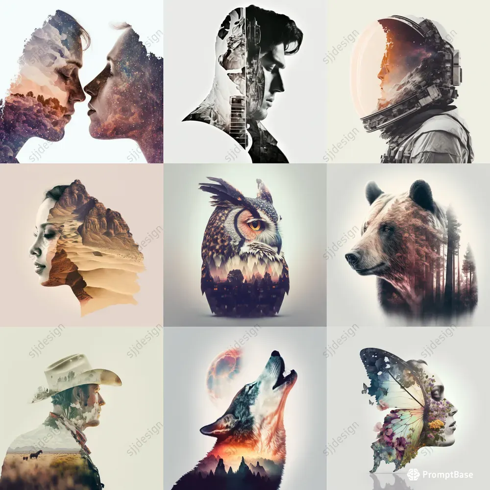 Double Exposure Merged Portraits Midjourney Prompt | PromptBase