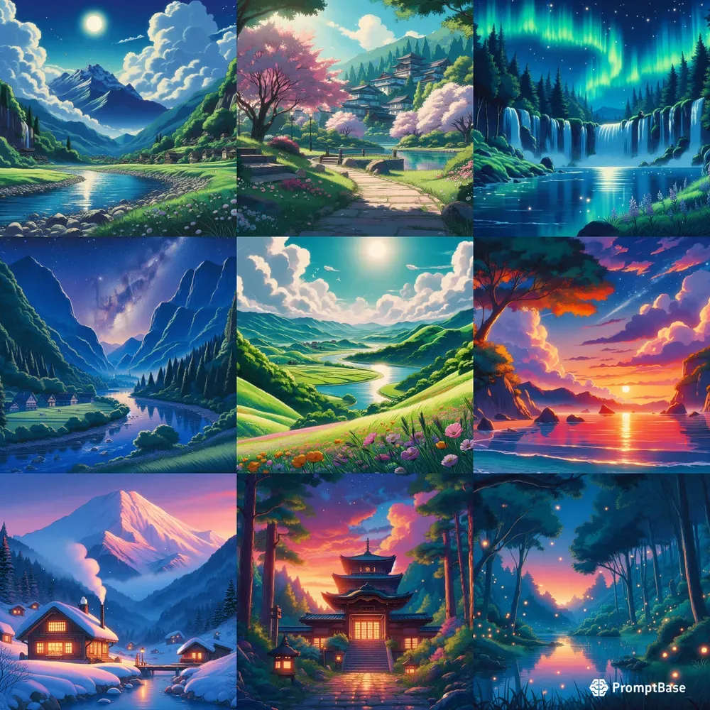 Ghibli Style Tranquil Landscapes DALL·E Prompt | PromptBase