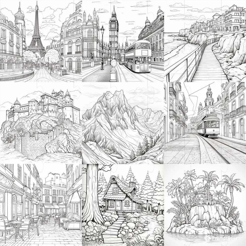 Travel Themed Coloring Pages For Adults Midjourney Prompt | PromptBase
