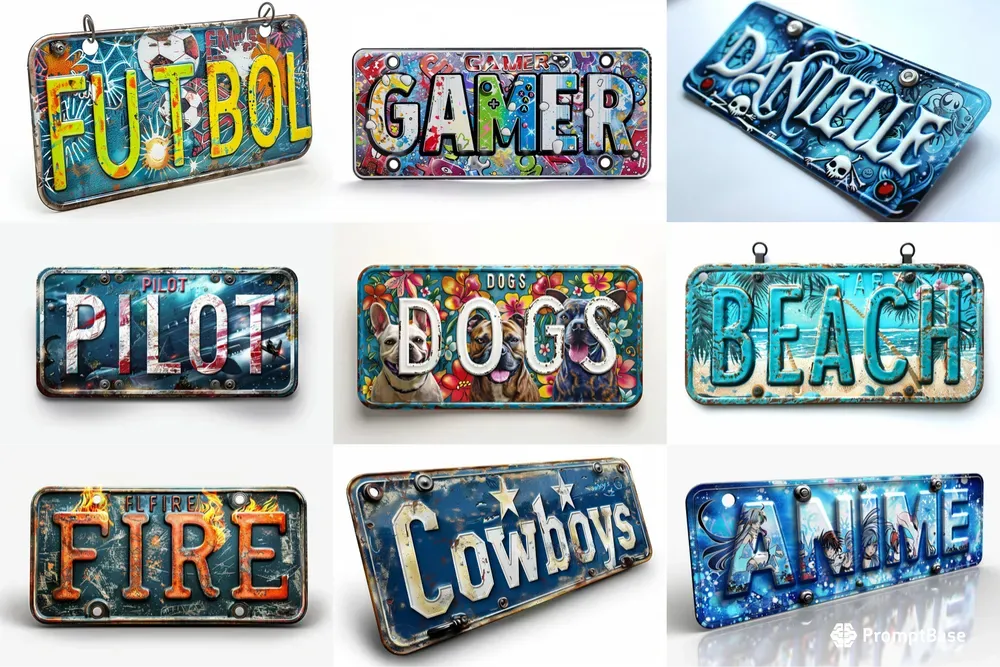 Vanity License Plates Customized Midjourney Prompt | PromptBase