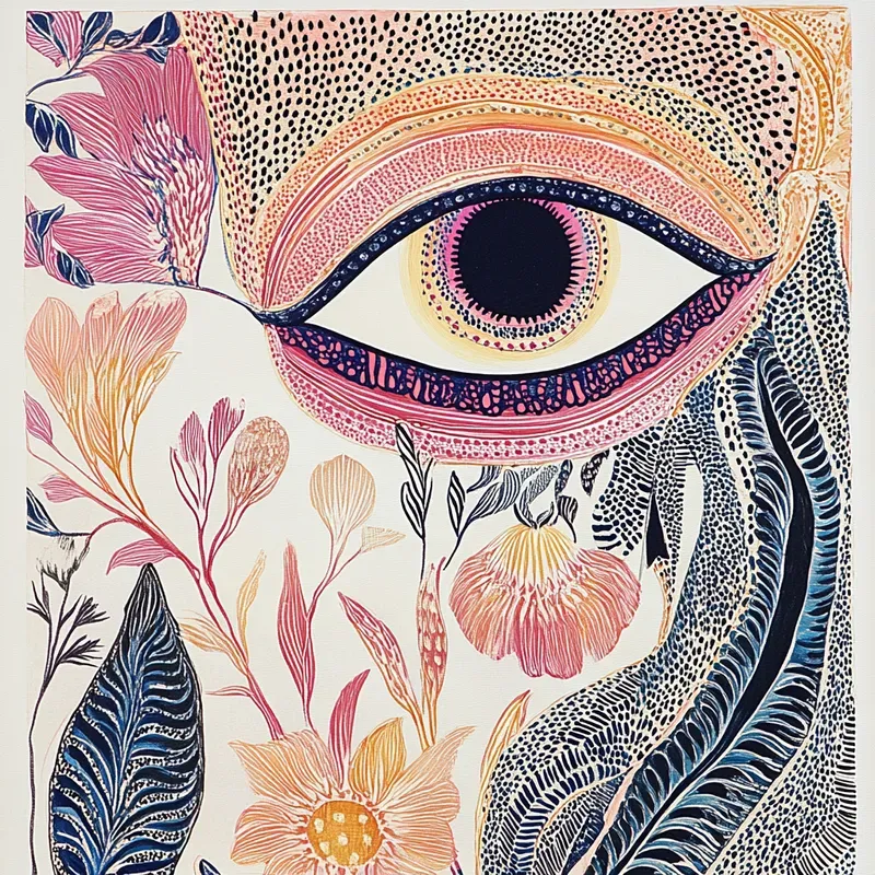 Vibrant Surrealist Faces In Floral Patterns Midjourney Prompt | PromptBase