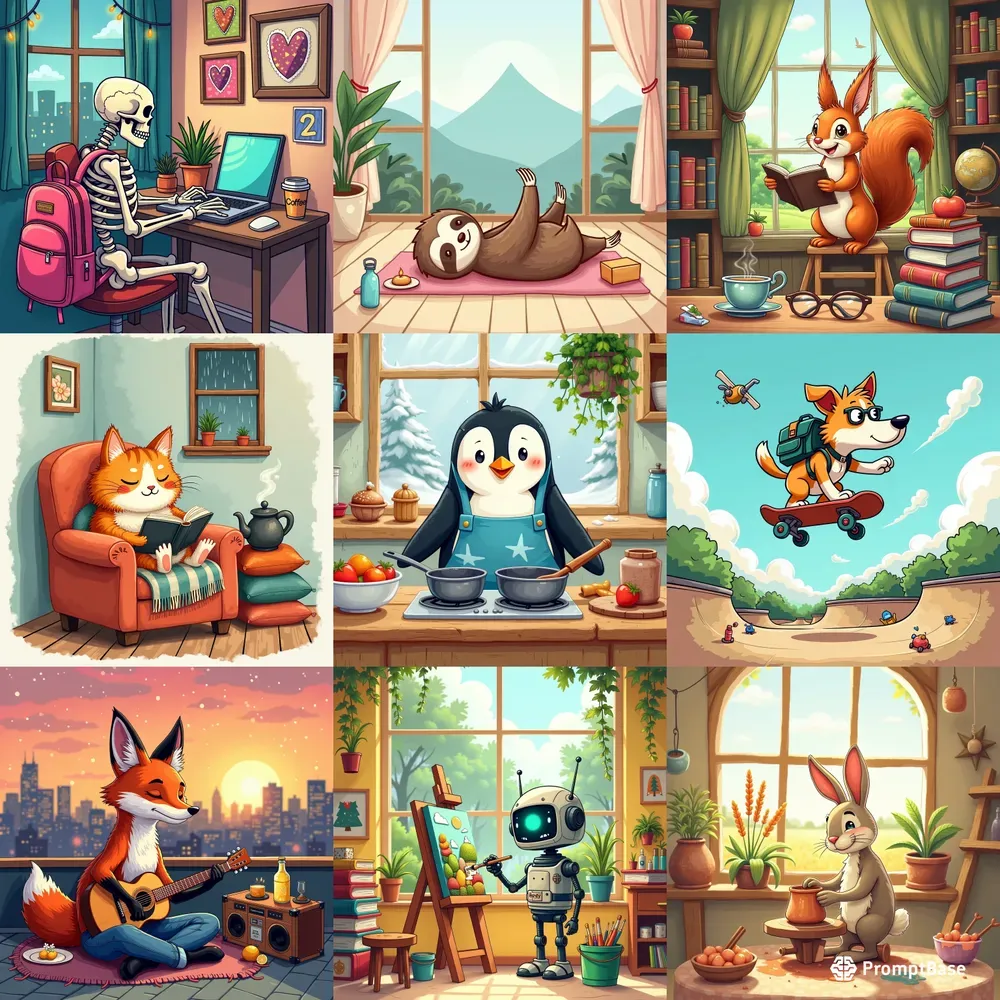 Cartoon Character Activity Illustrations FLUX Prompt | PromptBase