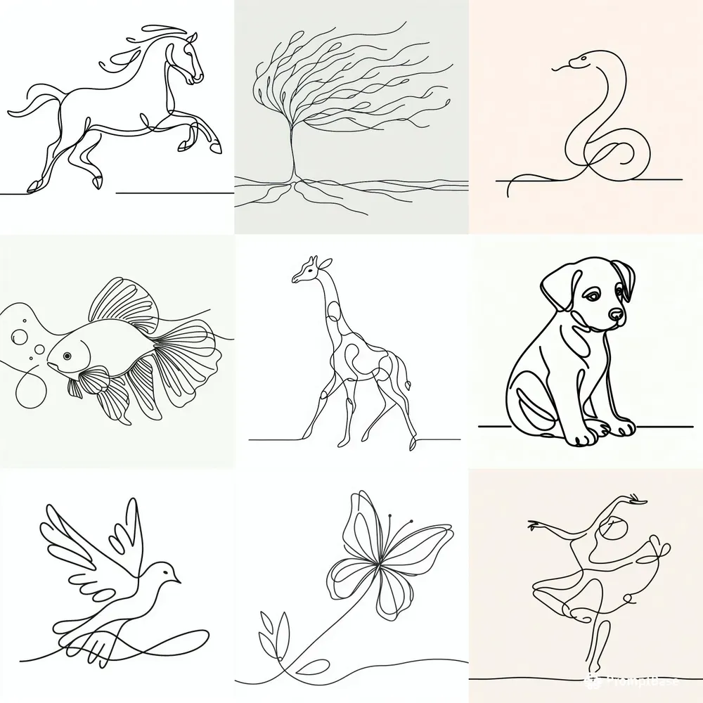 Oneline Drawings Of Graceful Animals DALL·E Prompt | PromptBase