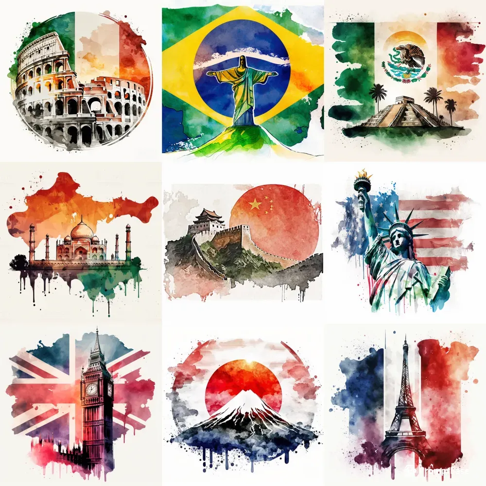 Watercolor World Iconic Countries Midjourney Prompt | PromptBase