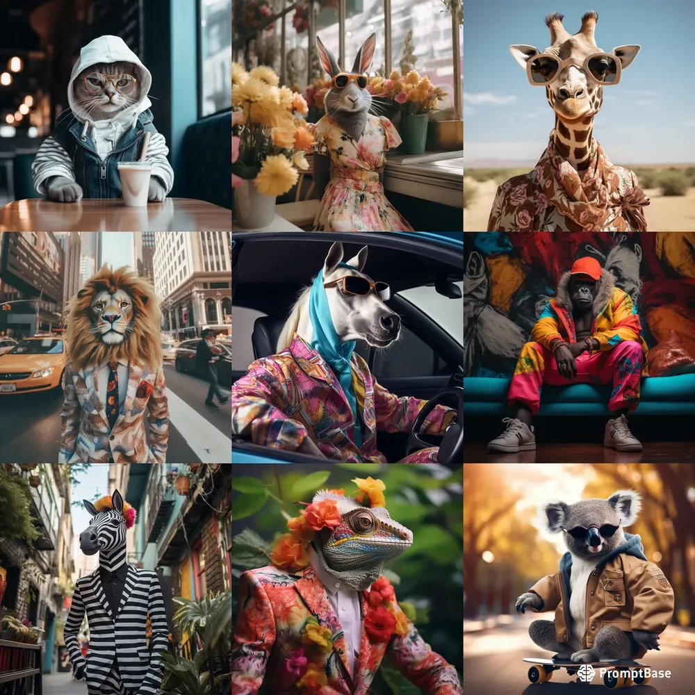 Funny Fashion Animals Shots Midjourney Prompt | PromptBase