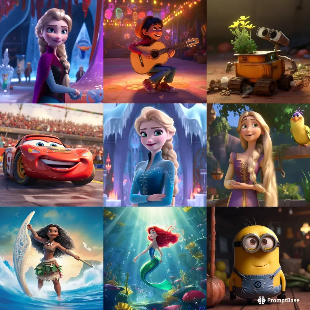 Disney And Pixar Characters Midjourney Prompt | PromptBase