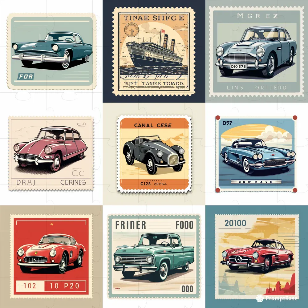 Collection Of Car Postage Stamps Gratis Midjourney Prompt | PromptBase