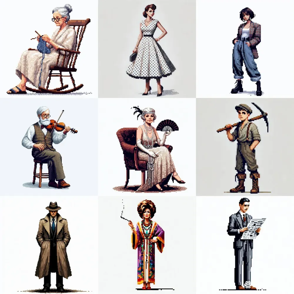 Time Travel Pixel Art Characters DALL·E Prompt | PromptBase