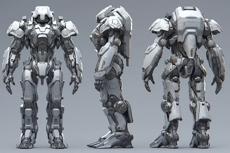 Three Views Of Futuristic Mecha Designs Midjourney Prompt | PromptBase