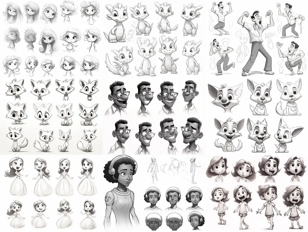 2D Pixar Anime Character Design Sketches Midjourney Prompt | PromptBase