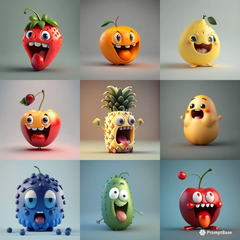 Emotional Cartoon Fruits And Vegetables Midjourney Prompt | PromptBase
