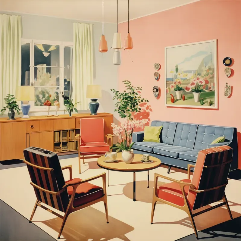 1950s Home Interiors Art Vintage Retro Midjourney Prompt | PromptBase