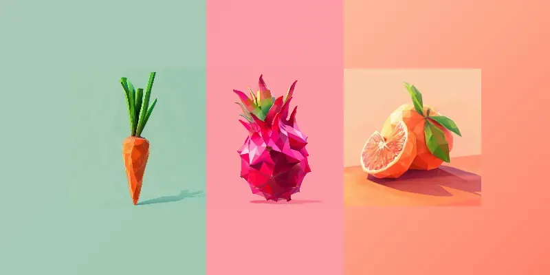 Fruits And Vegetables Low Poly Paintings Midjourney Prompt | PromptBase