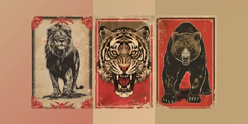 Vintage Animal Circus Posters Red Black Midjourney Prompt | PromptBase