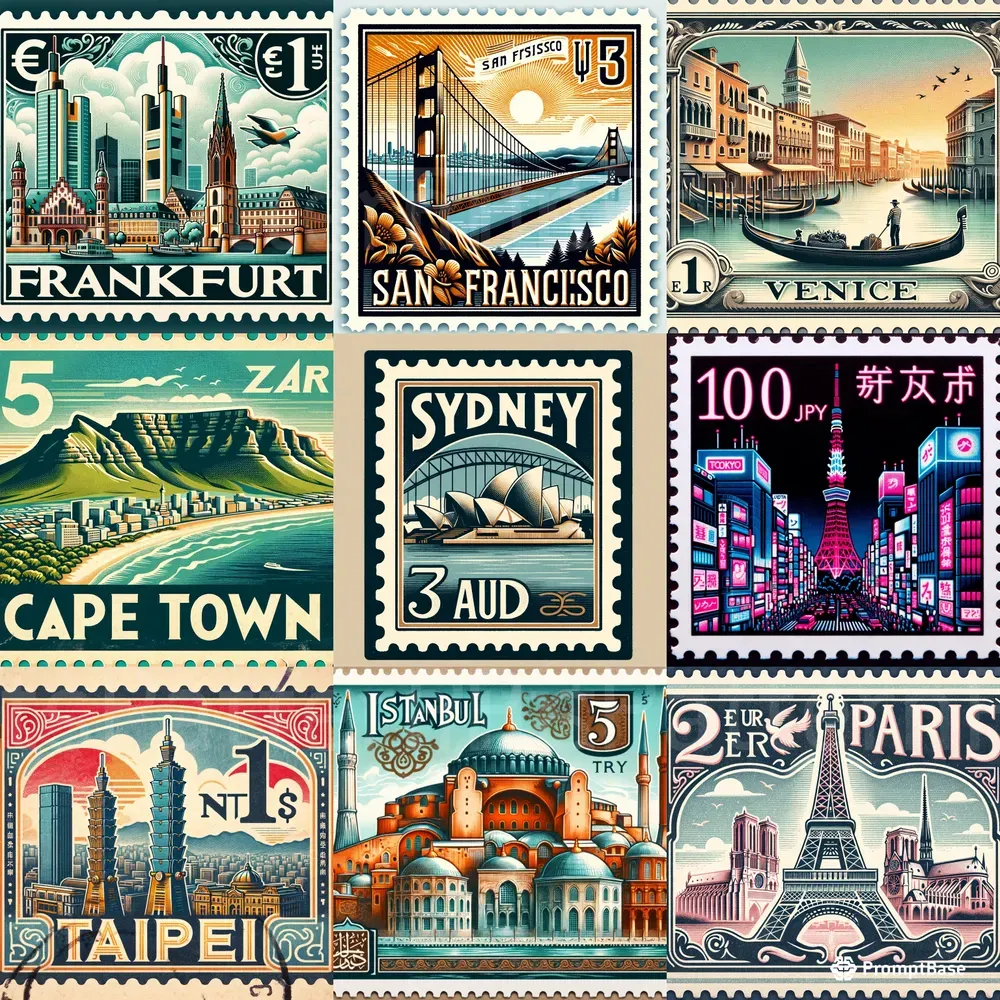 Universal Cityscape Stamp Illustrations DALL·E Prompt | PromptBase