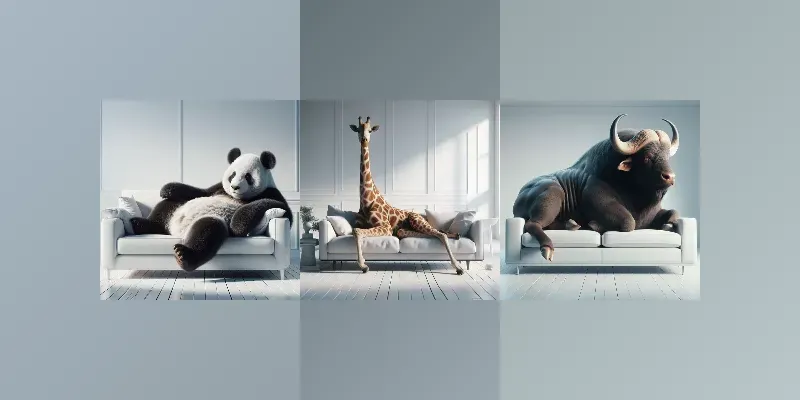 Photo Studio Animals In Sofas DALL·E Prompt | PromptBase