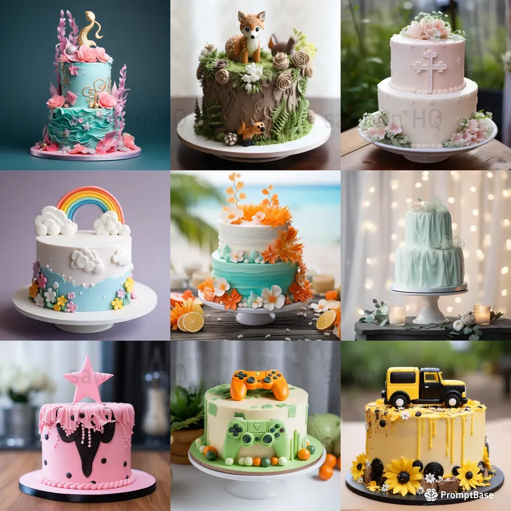 Spectacular Cakes For Any Party Themes Midjourney Prompt | PromptBase
