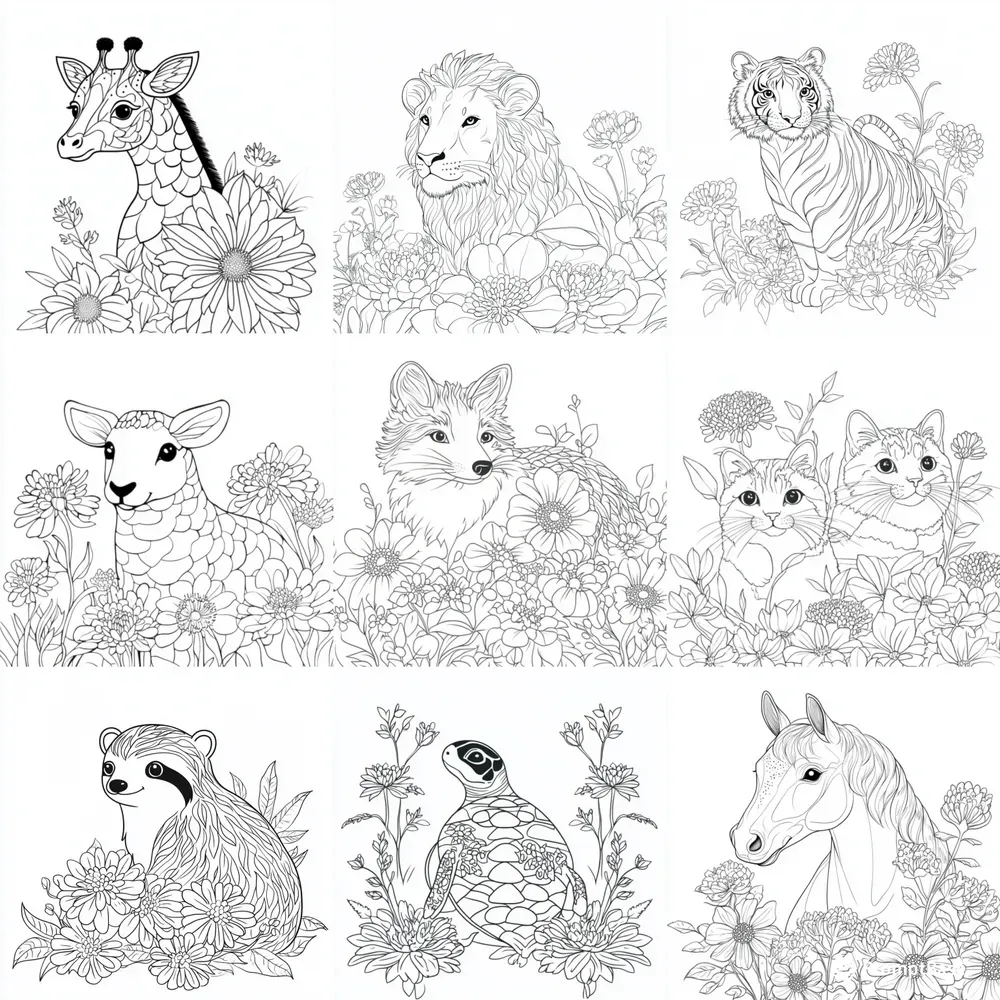 Animals In Flowers Coloring Book Pages Midjourney Prompt | PromptBase
