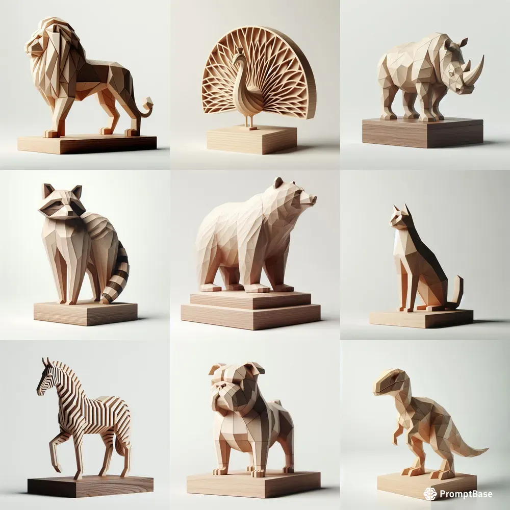 Geometric Wood Animal Sculptures DALL·E Prompt | PromptBase