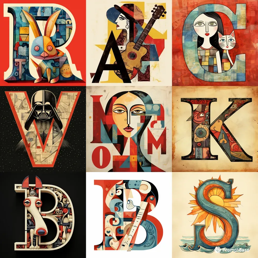 Typography Picasso-esque Glyphs Midjourney Prompt | PromptBase