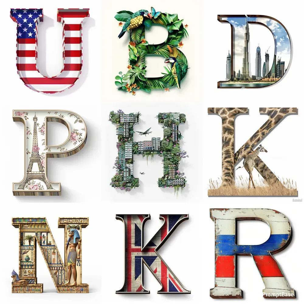 Country Themed Alphabet Letters Midjourney Prompt | PromptBase