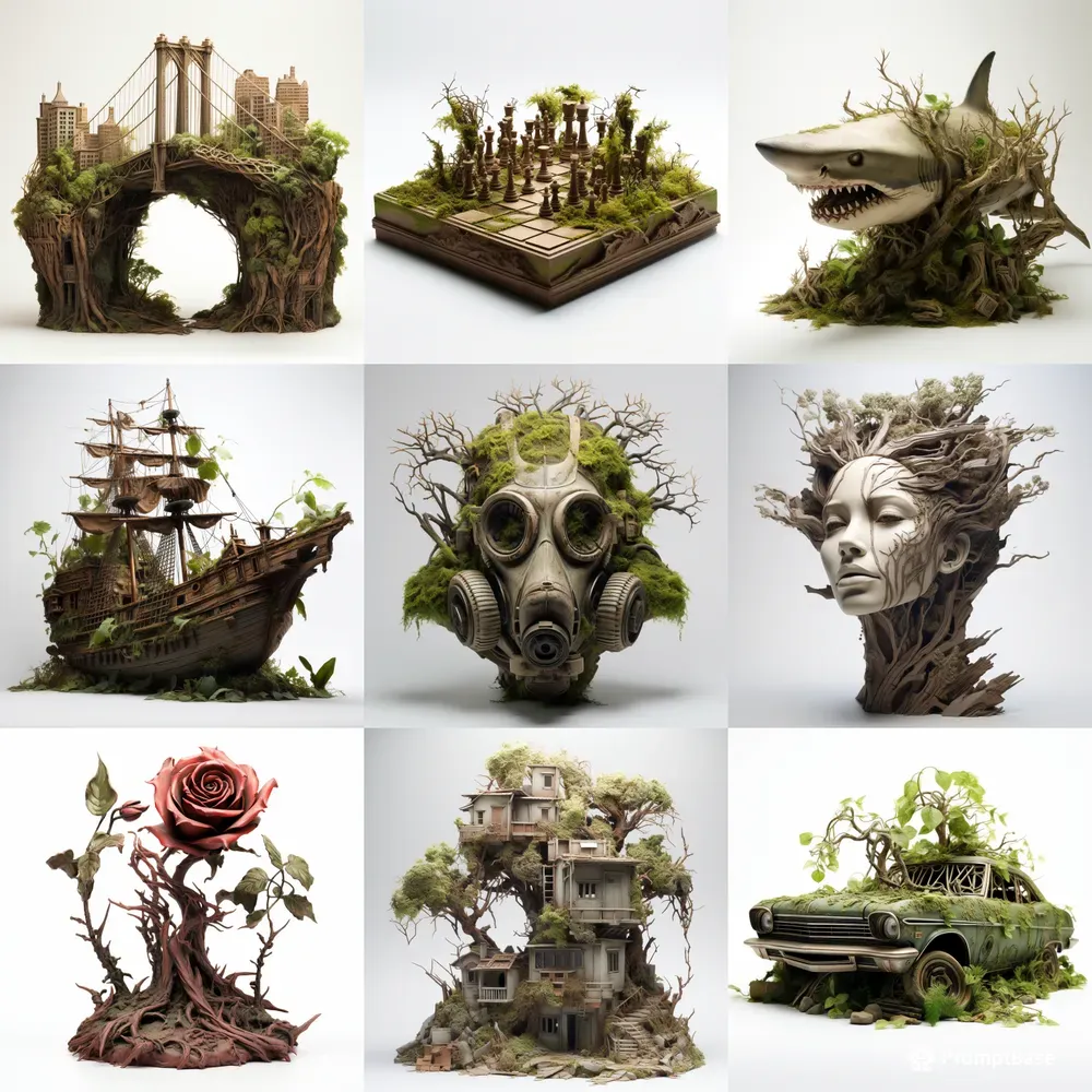 Objects Made Of Roots And Leaves Midjourney Prompt | PromptBase