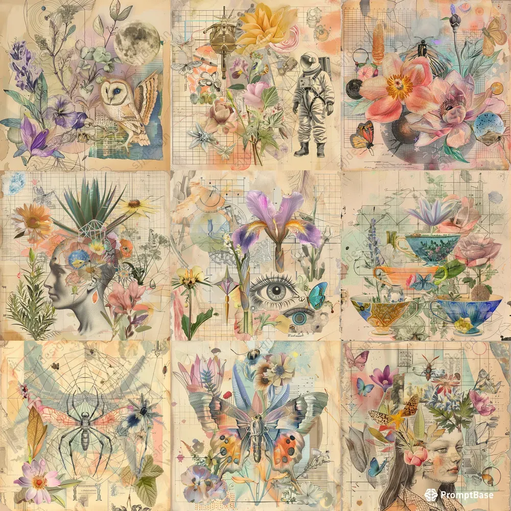 Floral Renaissance Grid Drawings Midjourney Prompt | PromptBase