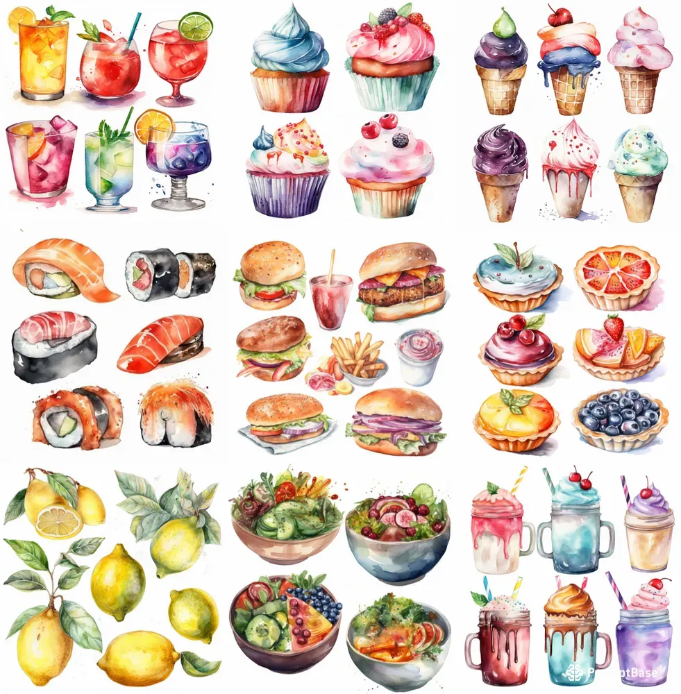 Watercolor Food Clipart Sets Midjourney Prompt | PromptBase