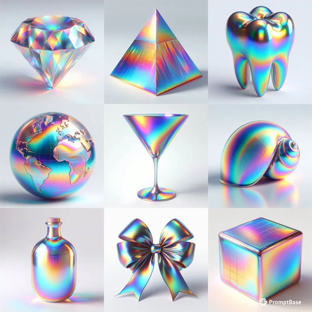 Glossy Iridescent Objects DALL·E Prompt | PromptBase