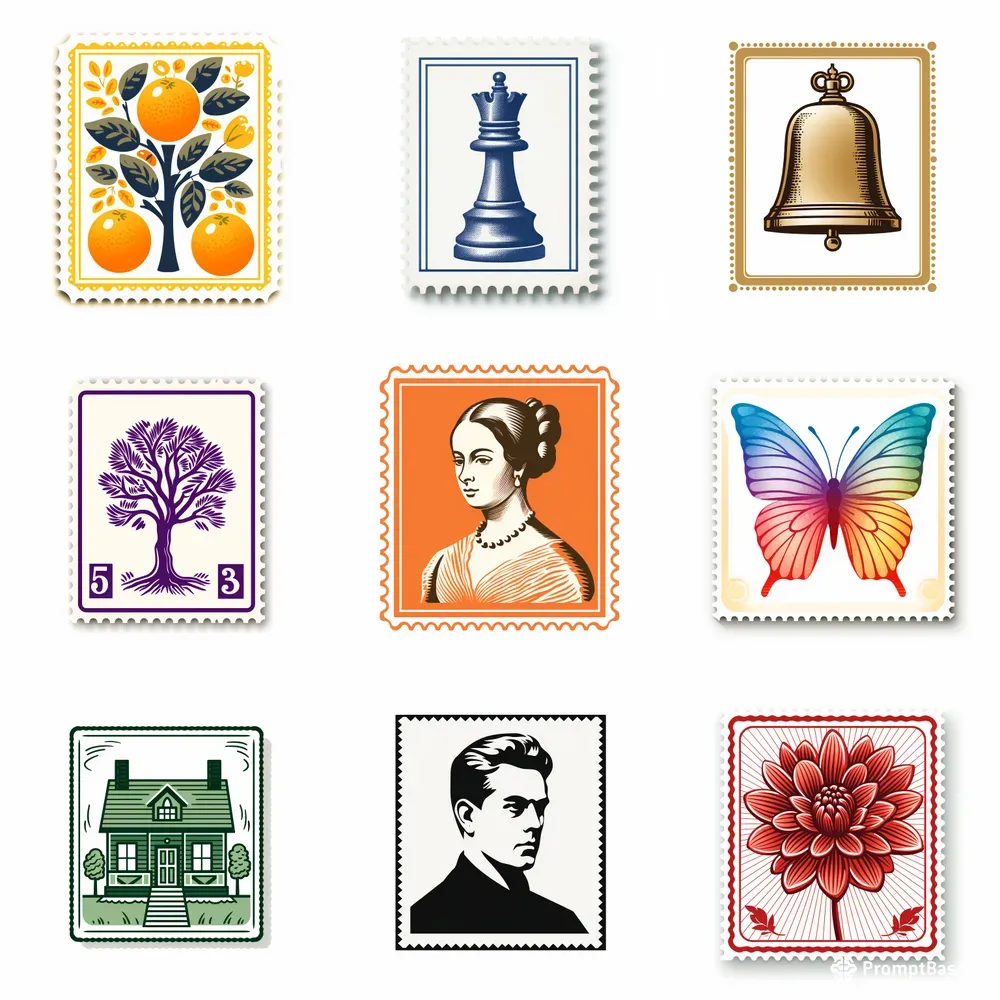 Minimalistic Postage Stamps Illustrations Midjourney Prompt | PromptBase