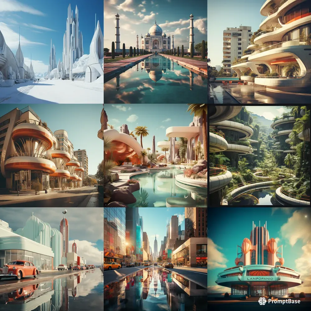 Retro Futuristic Landscapes Midjourney Prompt | PromptBase