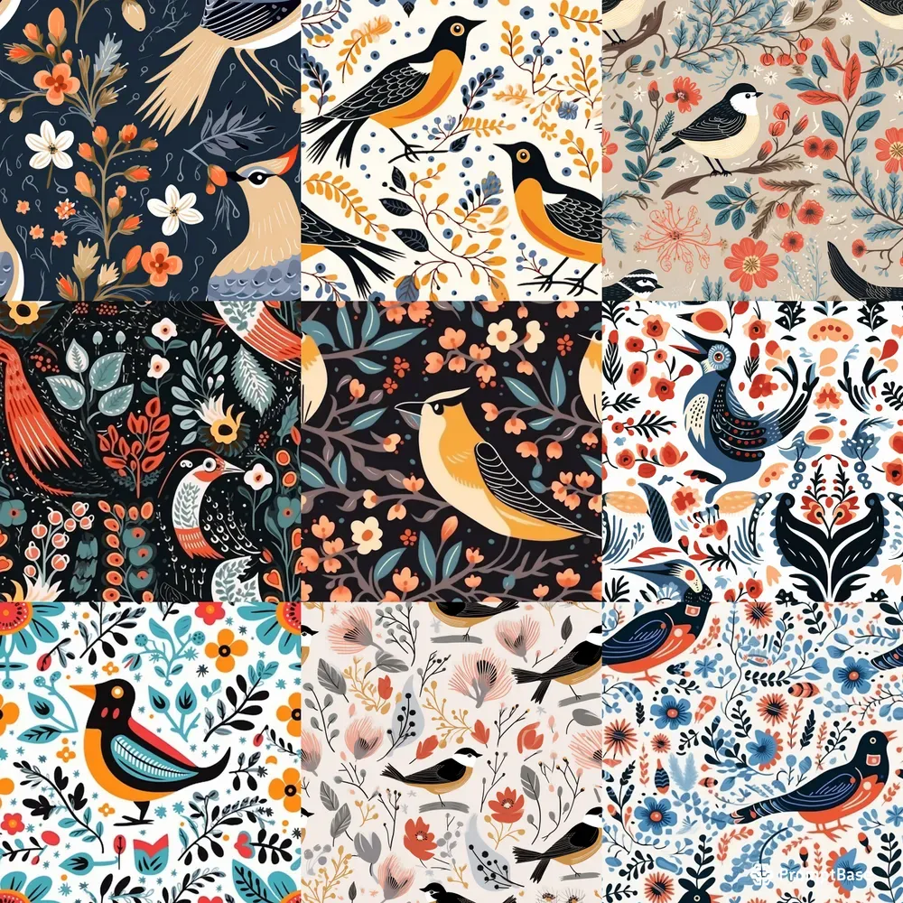 Nordic Style Seamless Birds Floral Patterns Midjourney Prompt | PromptBase