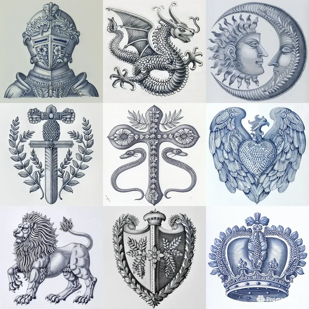 Old Middle Ages Engraving Emblems Midjourney Prompt | PromptBase