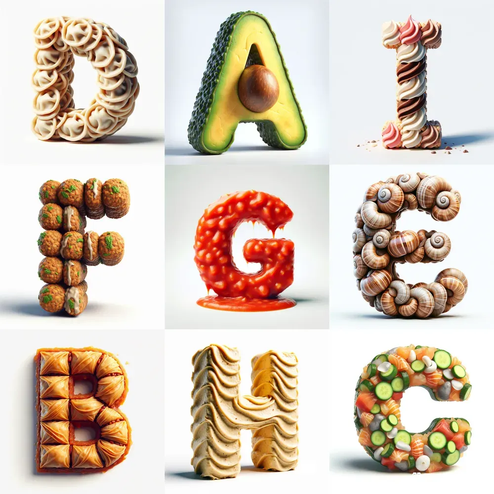 Photorealistic Food Alphabets DALL·E Prompt | PromptBase