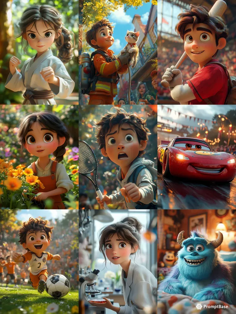 Vibrant Pixar Character Poses Midjourney Prompt | PromptBase