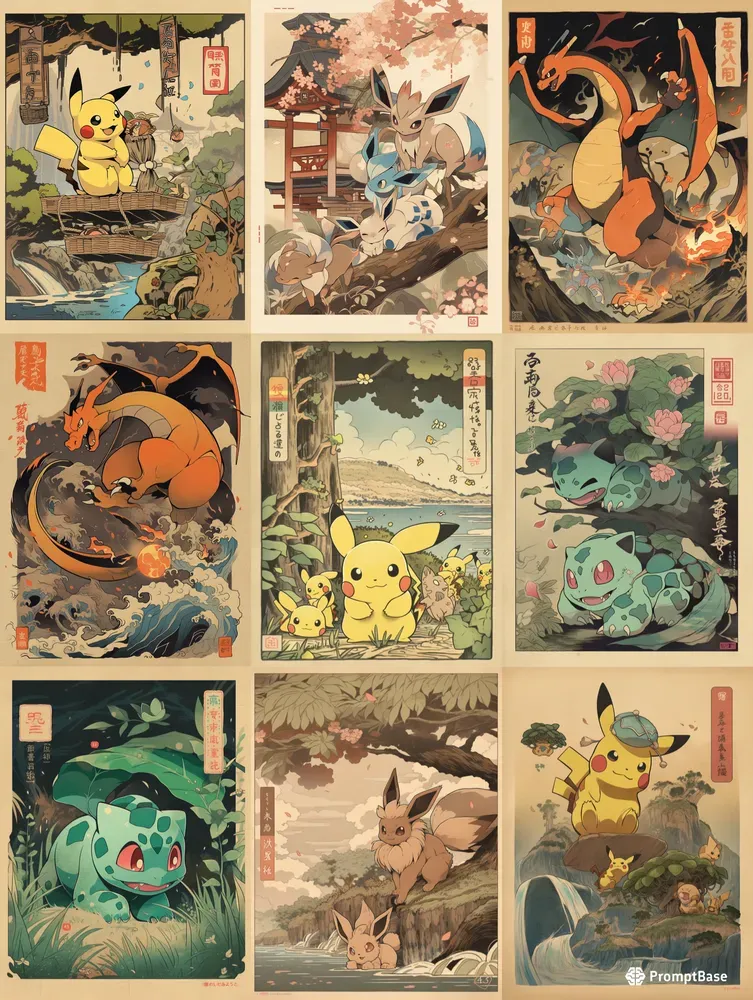 Japanese Woodblock Pokemon Prints Midjourney Prompt | PromptBase