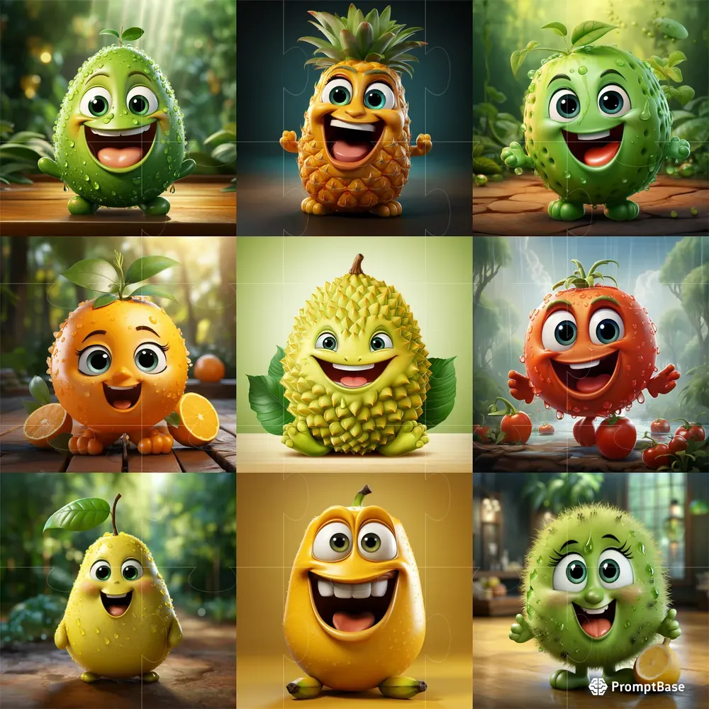 Emotional Cartoon Fruits And Vegetables Midjourney Prompt | PromptBase