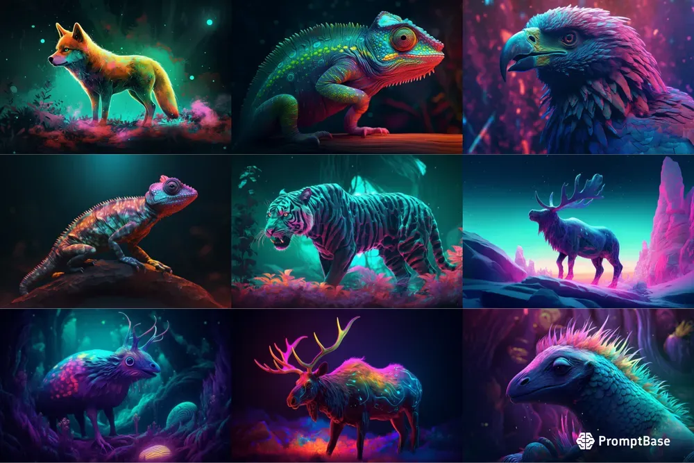 Neon Animals Dreamscape Midjourney Prompt | PromptBase