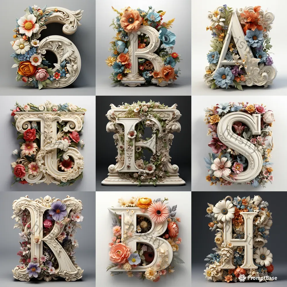 Floral 3D Letter Renders Midjourney Prompt | PromptBase