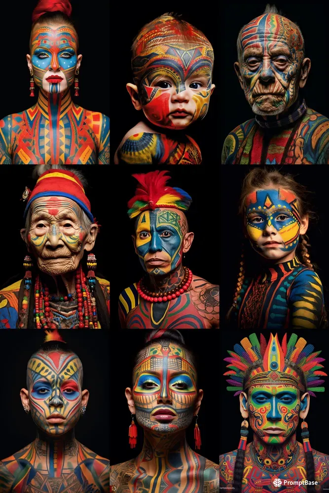 Colourful Aztec Facepaints Of People Midjourney Prompt | PromptBase