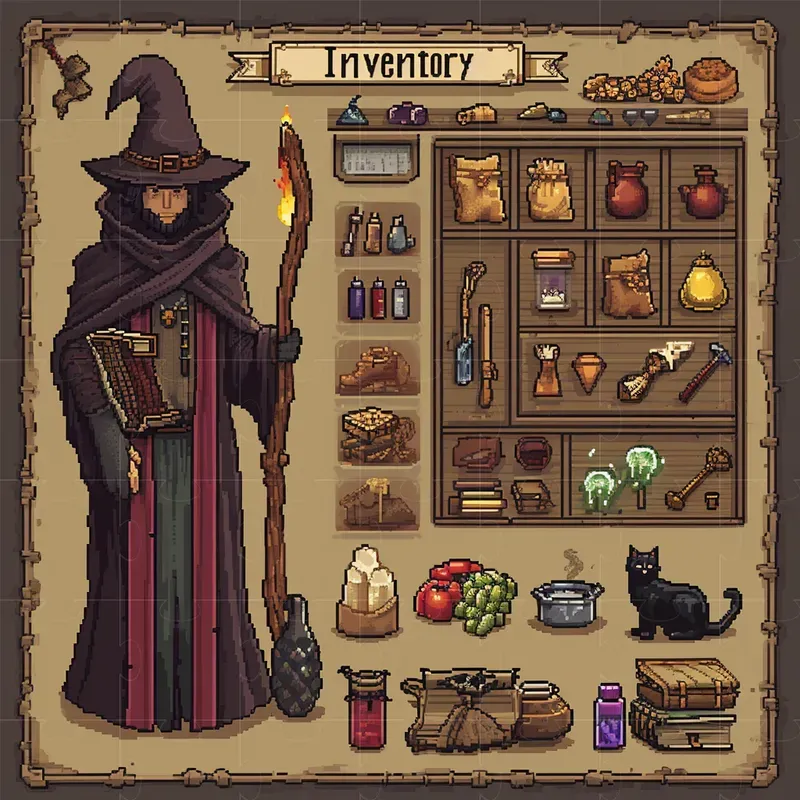Pixel Art Game Inventory Tab Designs Midjourney Prompt | PromptBase