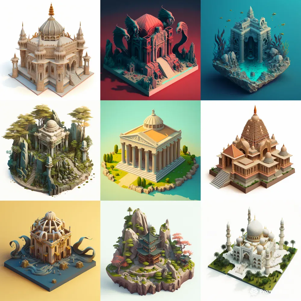 Isometric Temples Midjourney Prompt | PromptBase